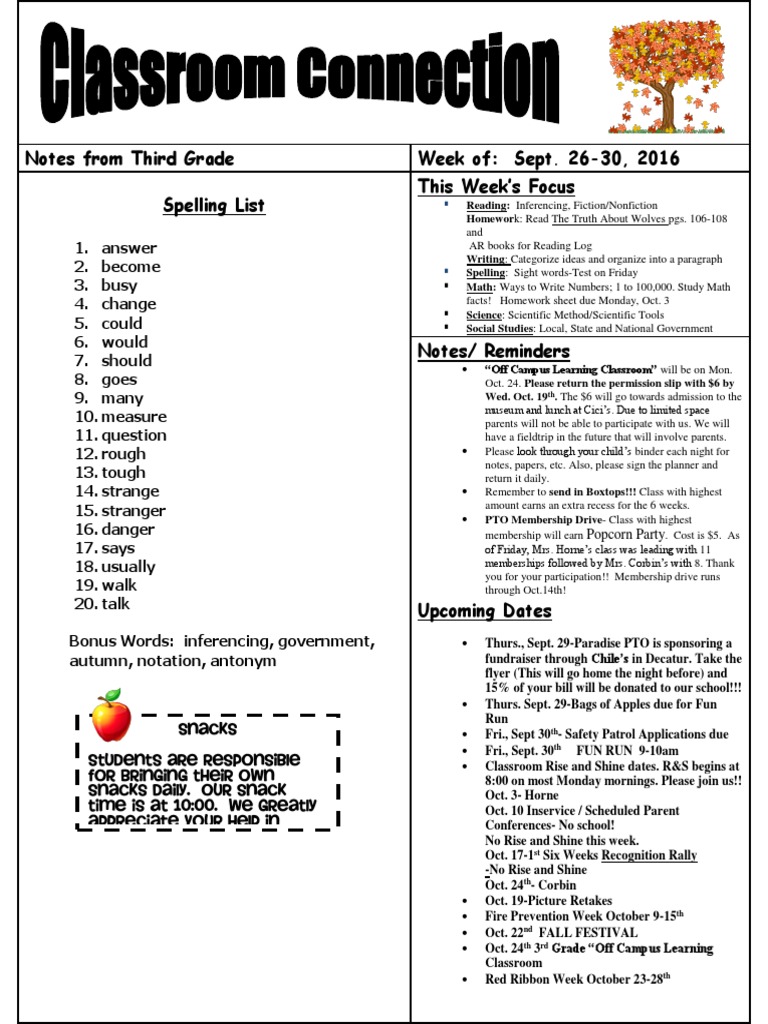 Notes From Third Grade Week Of: Sept. 26-30, 2016 Spelling List This ...