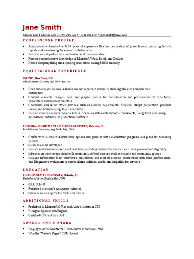 Jane Smith Resume Administrative Professional | PDF