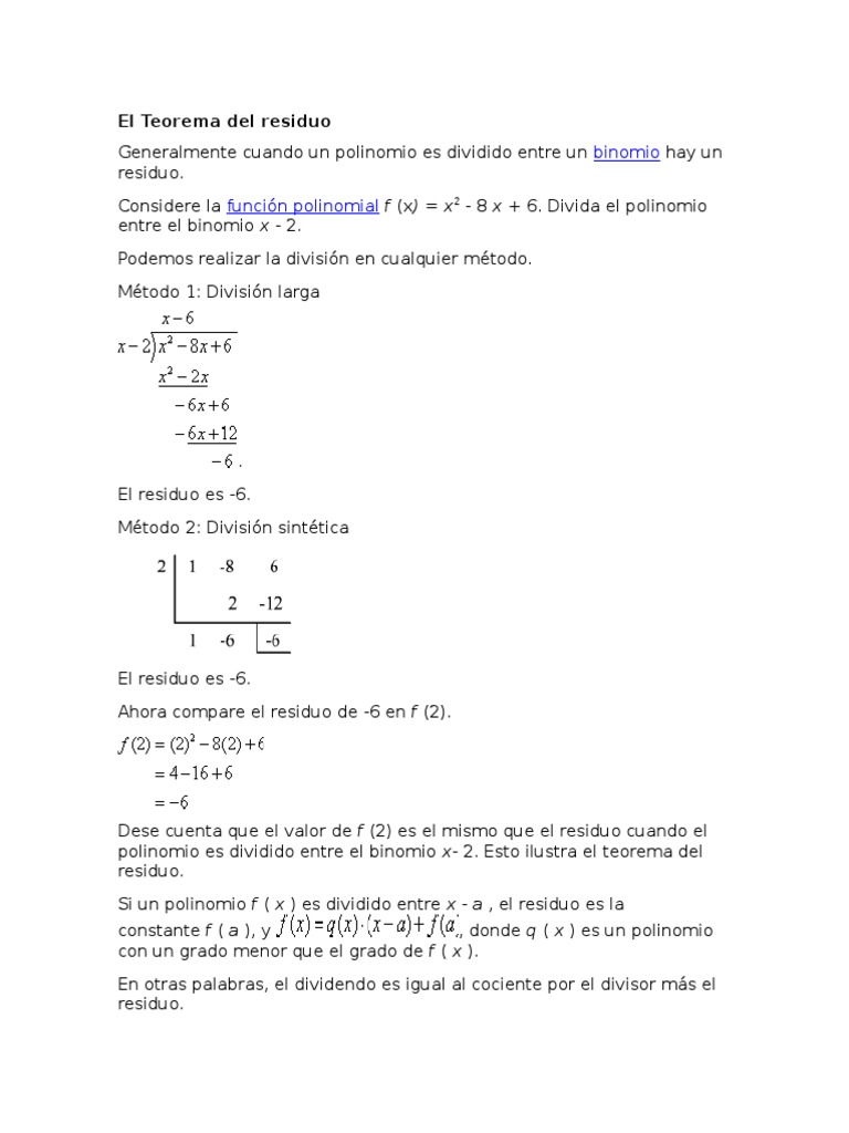 Teorema del Residuo y su Aplicación | PDF | División (Matemáticas ...