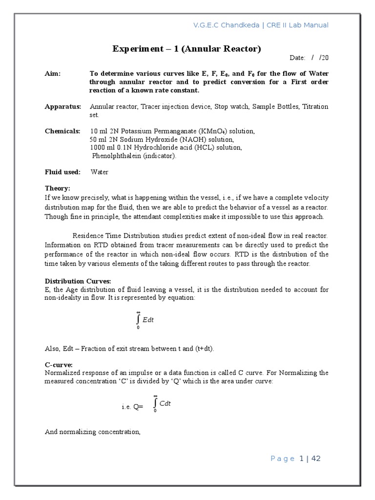 Cre 2 Lab Manual | PDF | Reaction Rate | Chemical Reactor