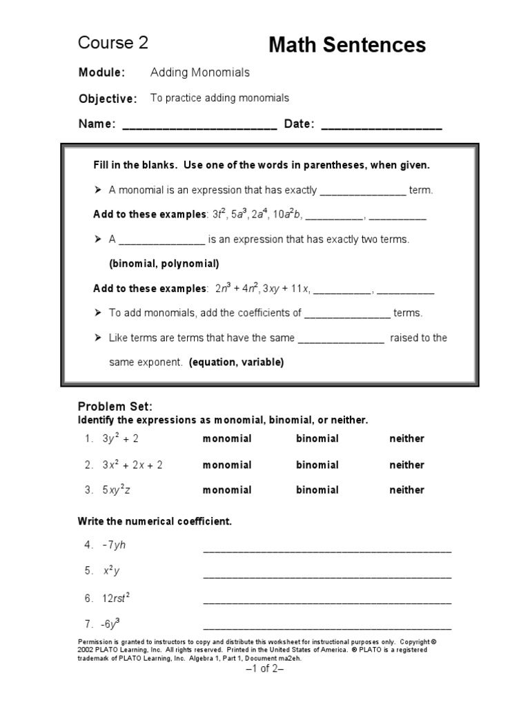 Math Sentences: Course 2 | PDF