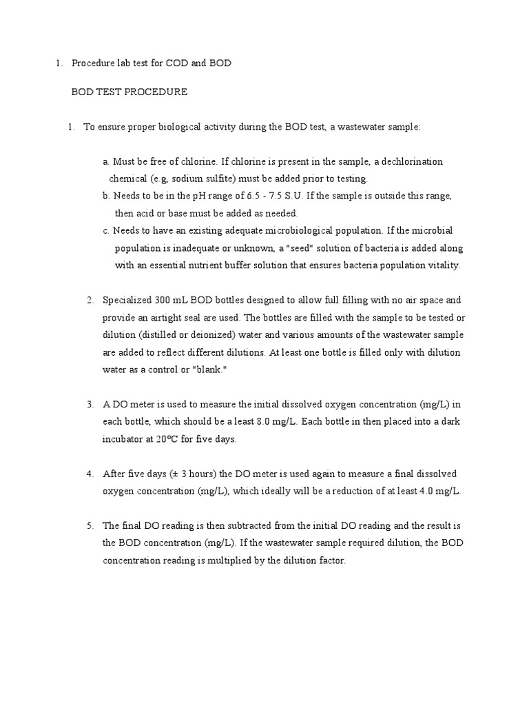 Procedure Lab Test For COD and BOD | PDF | Transparent Materials ...