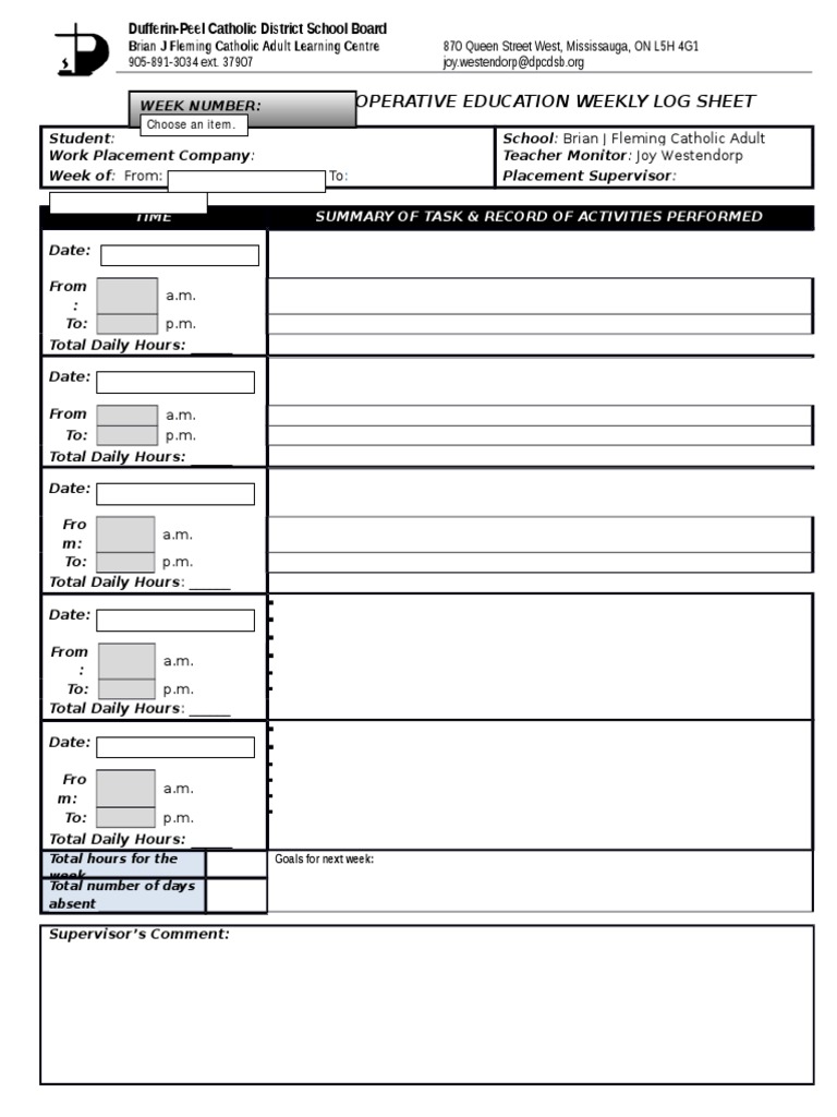 Cooperative Education Weekly Log Sheet | PDF | Career & Growth | Self ...
