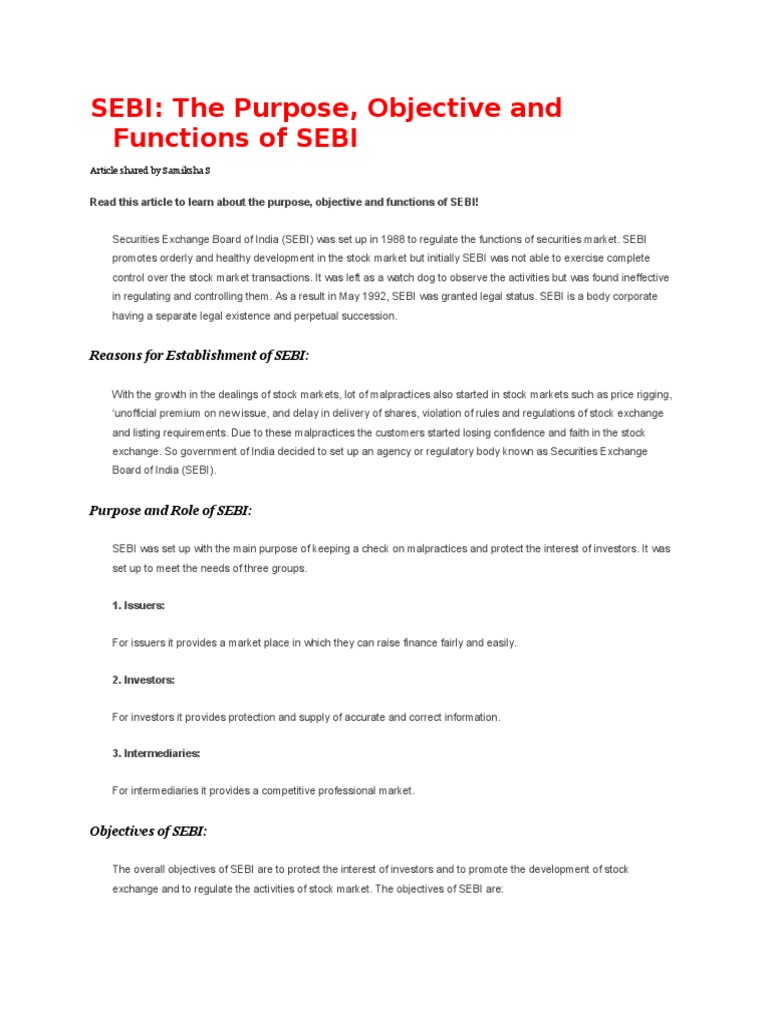 SEBI: The Purpose, Objective and Functions of SEBI | Stocks ...