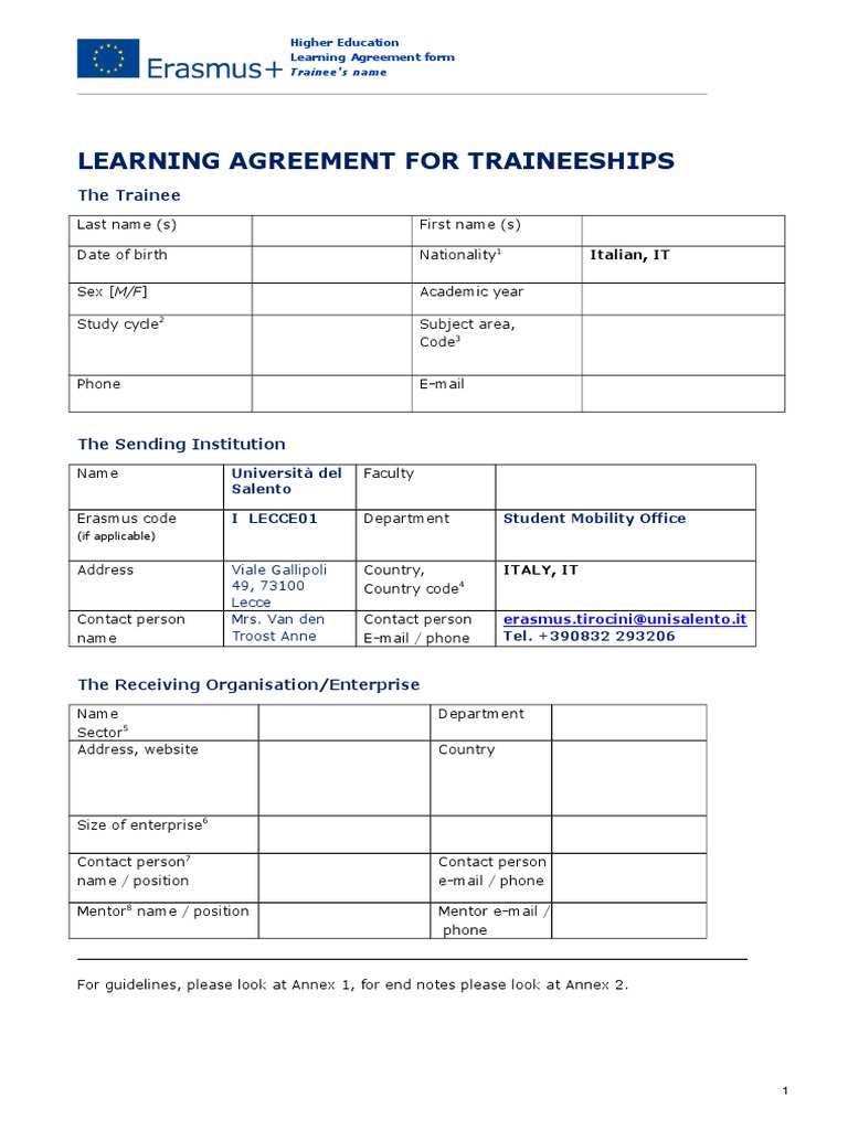 Learning Agreement For Traineeships: The Trainee | PDF | Career & Growth