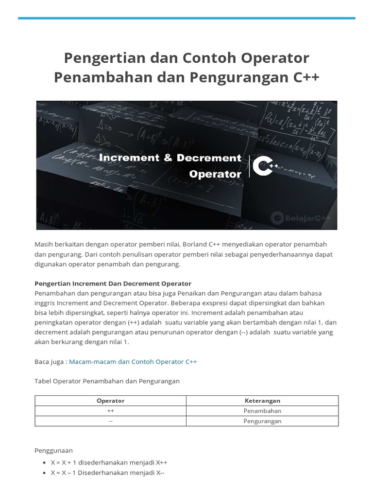 Pengertian Dan Contoh Operator Penambahan Dan Pengurangan C++ - Belajar ...