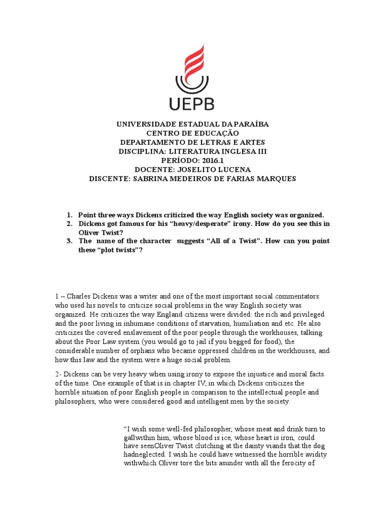 Oliver Twist Analysis | PDF | Oliver Twist | Charles Dickens