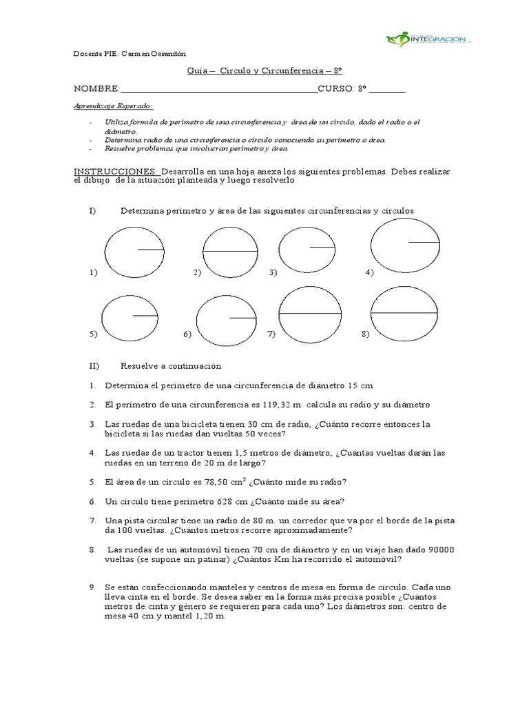 Guía de problemas sobre perímetro, área, radio y diámetro de ...