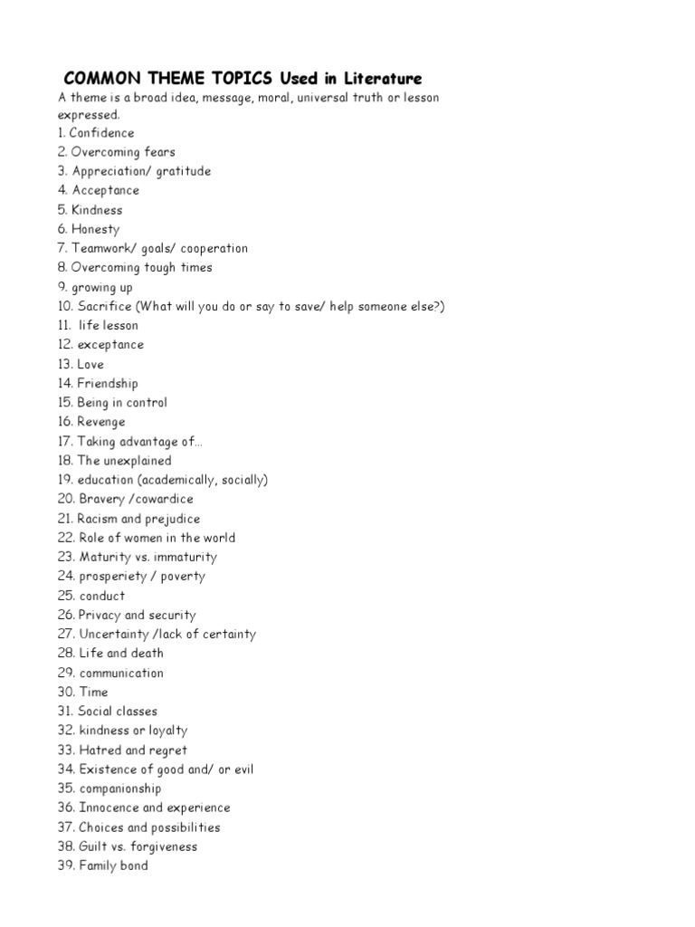 COMMON THEME TOPICS Used in Literature | PDF | Social Science | Science ...