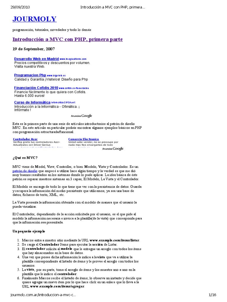 Introducción A MVC Con PHP, Primera Parte - JOURMOLY | PDF | Modelo ...