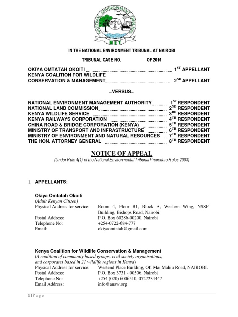 Appeal To National Environment Tribunal Against The Standard Gauge ...