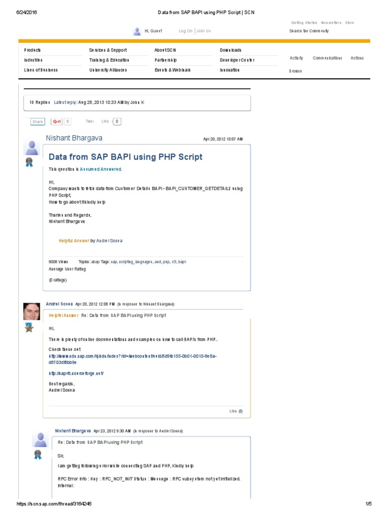 Data From SAP BAPI Using PHP Script - SCN | PDF | Php | My Sql