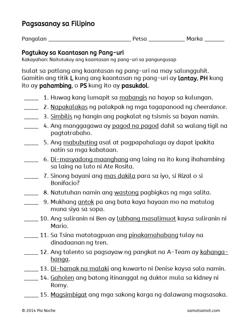 Pagtukoy Sa Kaantasan NG Pang Uri | PDF
