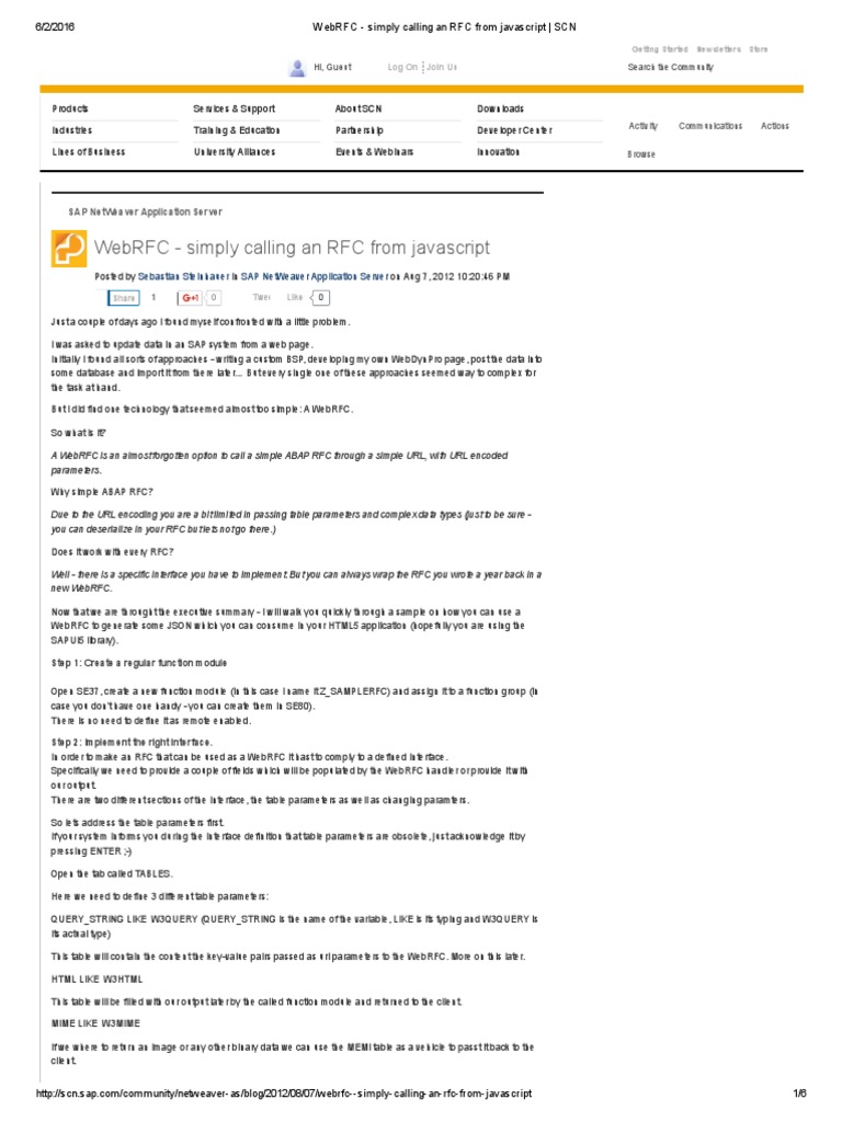 Webrfc Simply Calling An Rfc From Javascript Scn Pdf Json Parameter Computer Programming