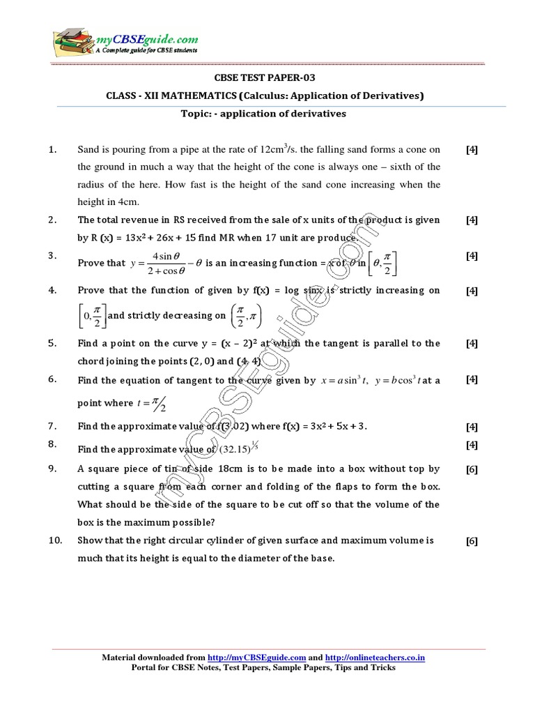Cbse Test Paper-03 CLASS - XII MATHEMATICS (Calculus: Application of ...