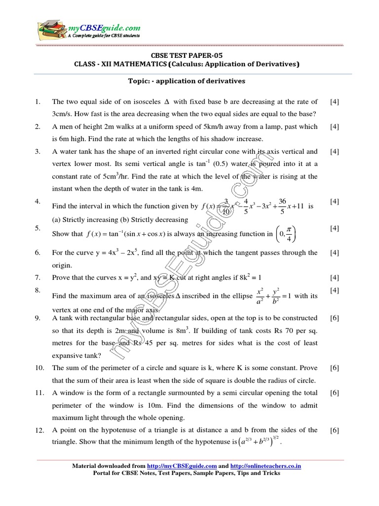 Cbse Test Paper-05 CLASS - XII MATHEMATICS (Calculus: Application of ...