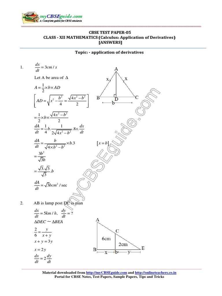 Cbse Test Paper-05 CLASS - XII MATHEMATICS (Calculus: Application of ...
