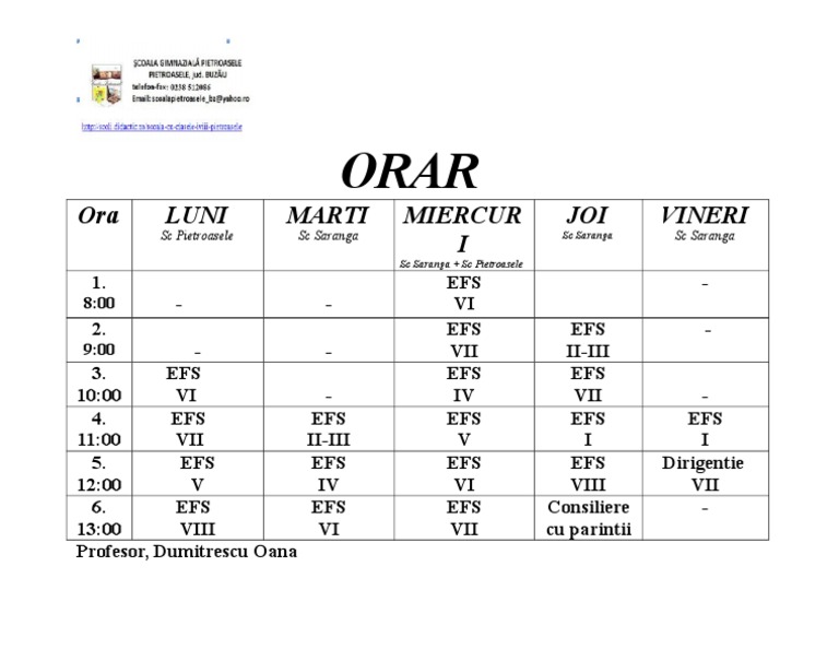 Ora Luni Marti Miercur I JOI Vineri: SC Pietroasele SC Saranga SC ...