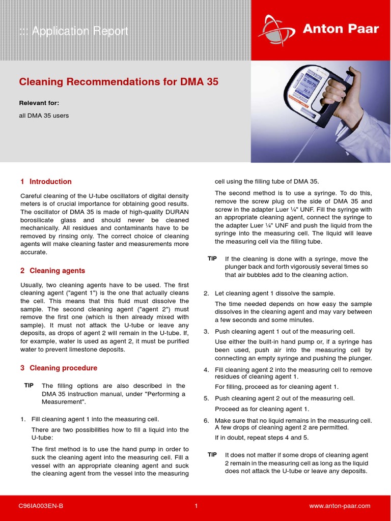 DMA 35 Cleaning Guidelines | PDF | Purified Water | Syringe