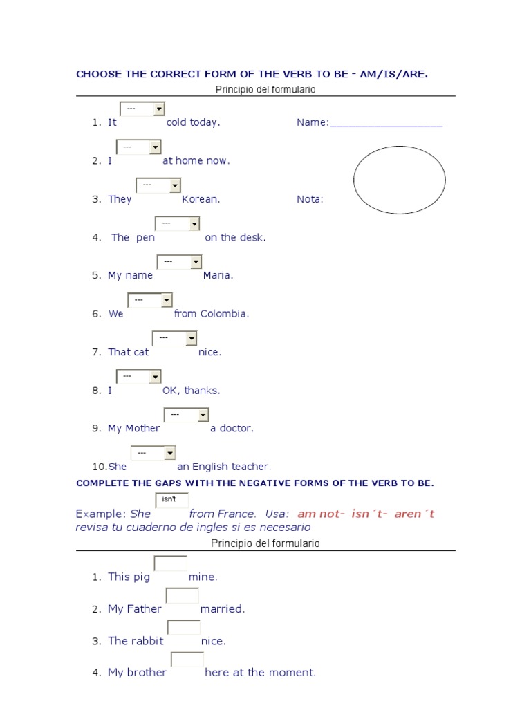 Choose The Correct Form of The Verb To Be | PDF