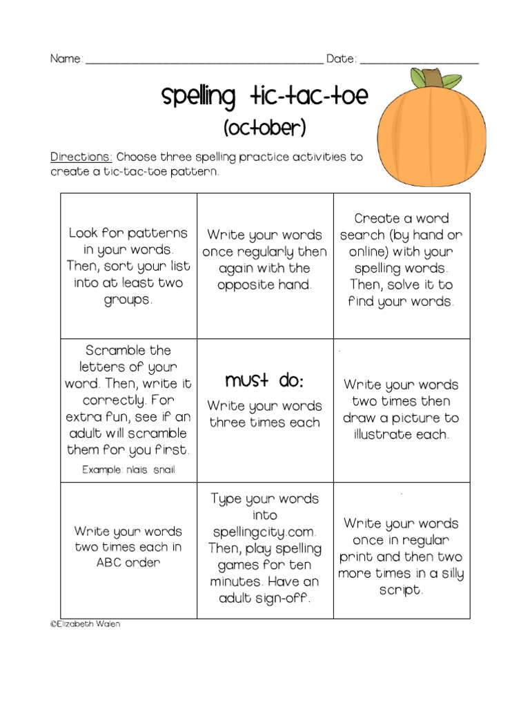 October Spelling Menu | PDF