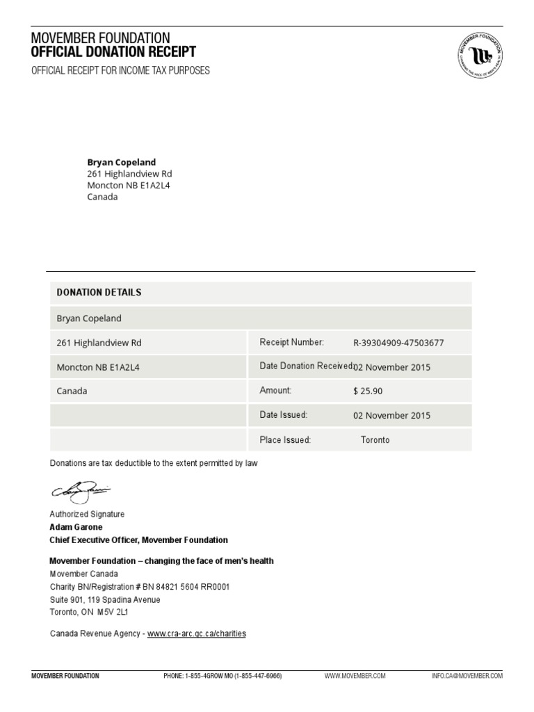 Official Donation Receipt: Movember Foundation | PDF