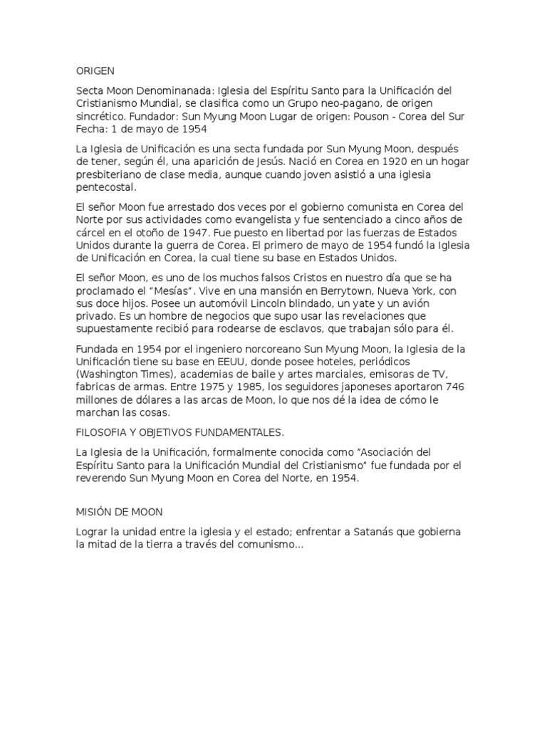 Orígenes de la Secta Moon | PDF | Jesús | Creencia religiosa y doctrina