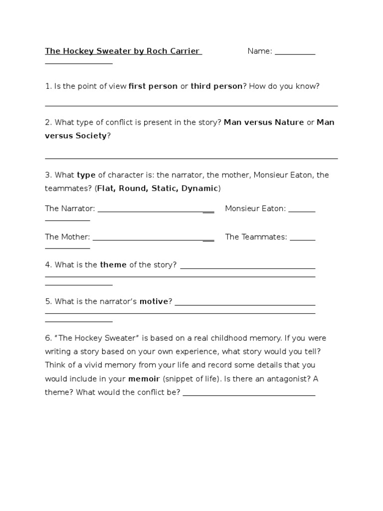 Plot Diagram For The Hockey Sweater | PDF