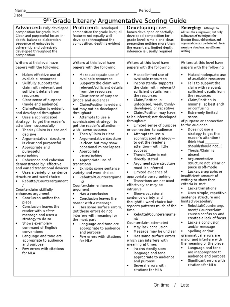 Literary Argumentative Scoring Guide | PDF | Linguistics | Communication