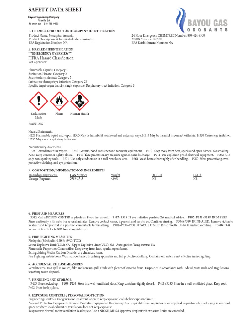 Mercaptan Assassin 126582 SDS | PDF | Chemistry | Wellness