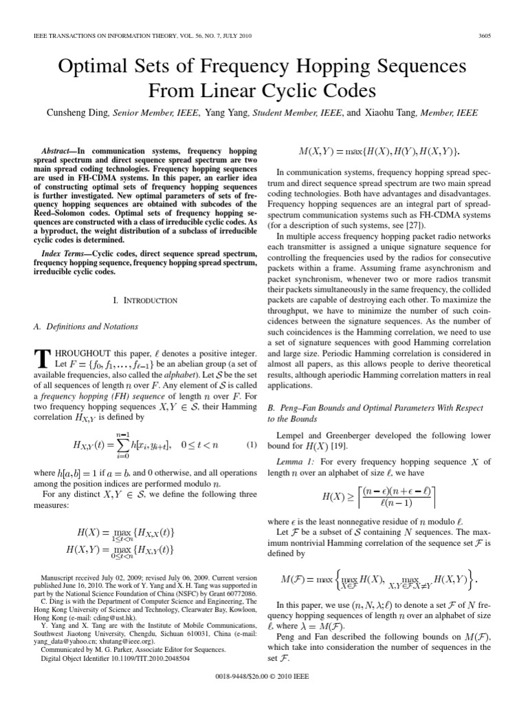 Optimal Sets of Frequency Hopping Sequences From Linear Cyclic Codes ...