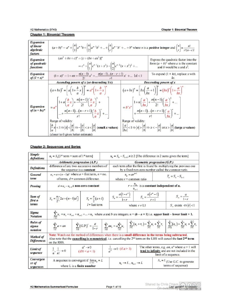 H2 Maths Formula Sheet | PDF
