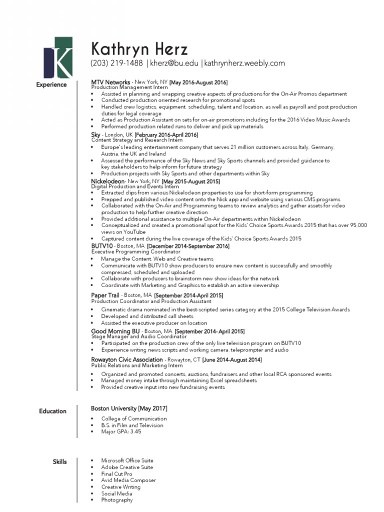 Kathryn Herz Resume Version 2 | PDF | Mass Media | Entertainment