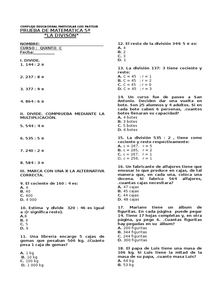 Prueba 5º La Division | PDF | Métodos y materiales de enseñanza | Hogar ...