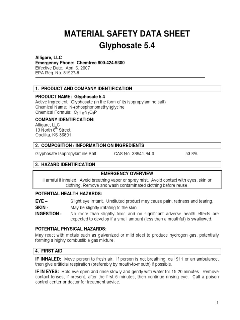 Glyphosate 5.4 Material Safety Data Sheet: Protective Measures for Safe ...