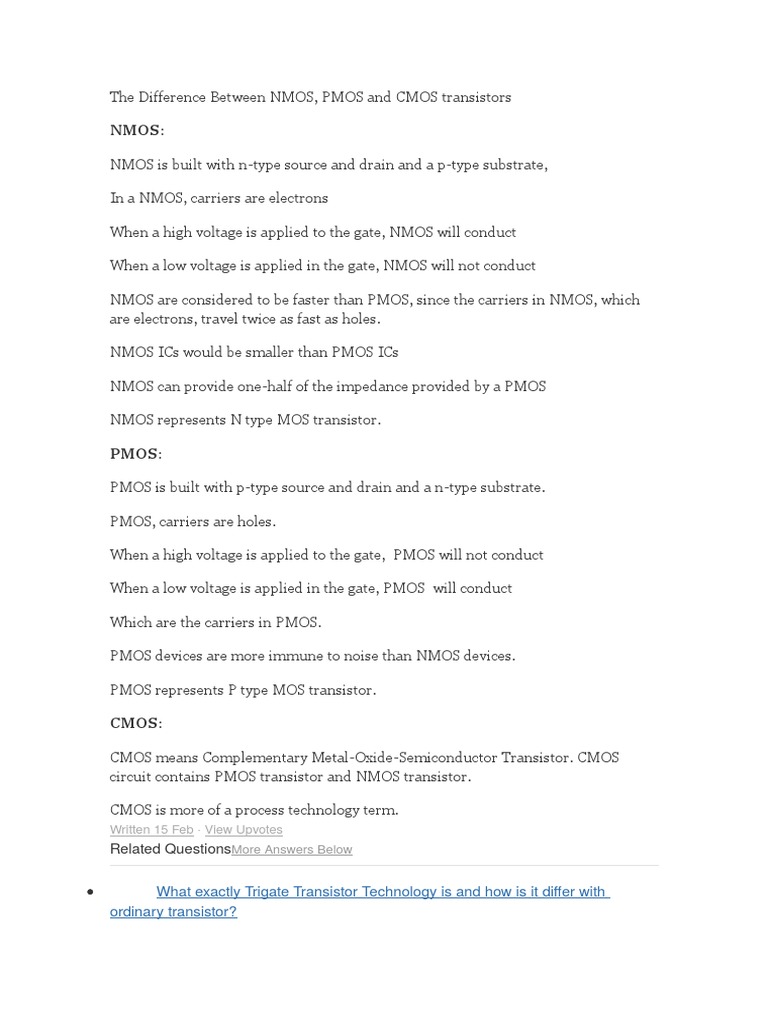 The Difference Between NMOS | PDF | Mosfet | Cmos