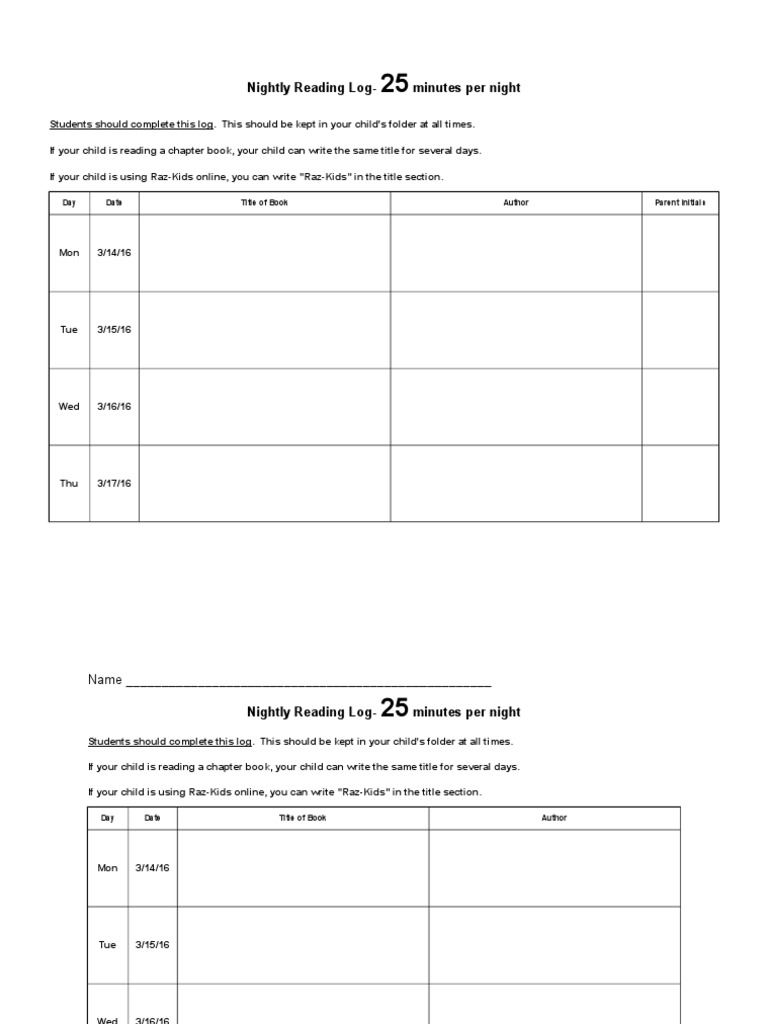 Nightly Reading Log-Minutes Per Night: Day Date Title of Book Author ...