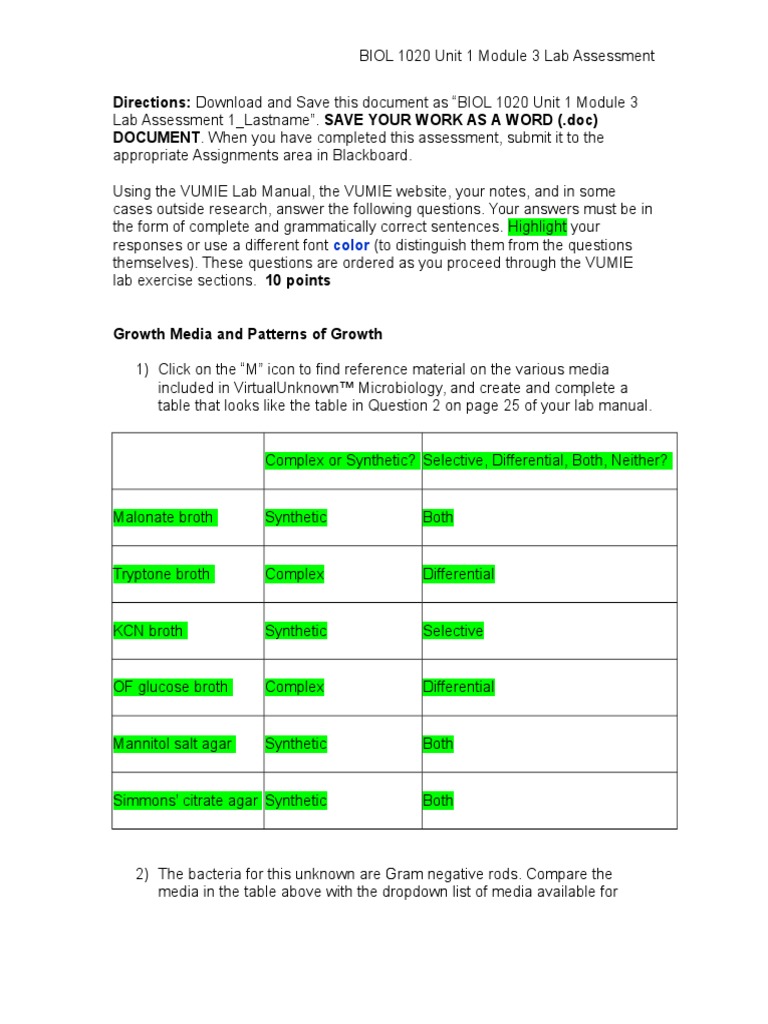 BIOL 1020 Unit 1 Module 3 Lab Assessment | PDF | Growth Medium | Bacteria