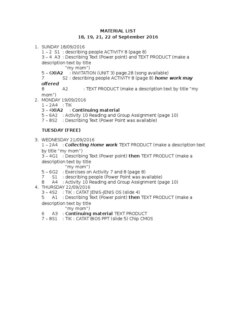 English Class Material List: September 18-22, 2016 | PDF