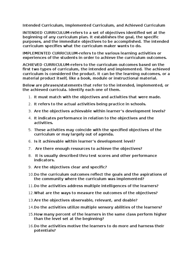 Intended Curriculum | PDF | Goal | Curriculum