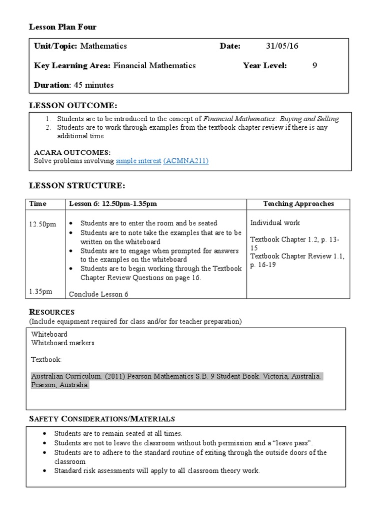 Lesson Plan Four - Mathematics | PDF