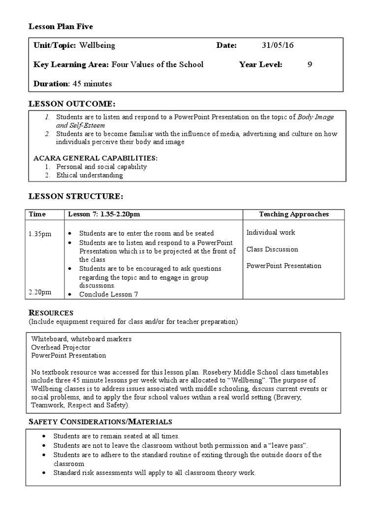 Lesson Plan Five - Wellbeing | PDF | Career & Growth