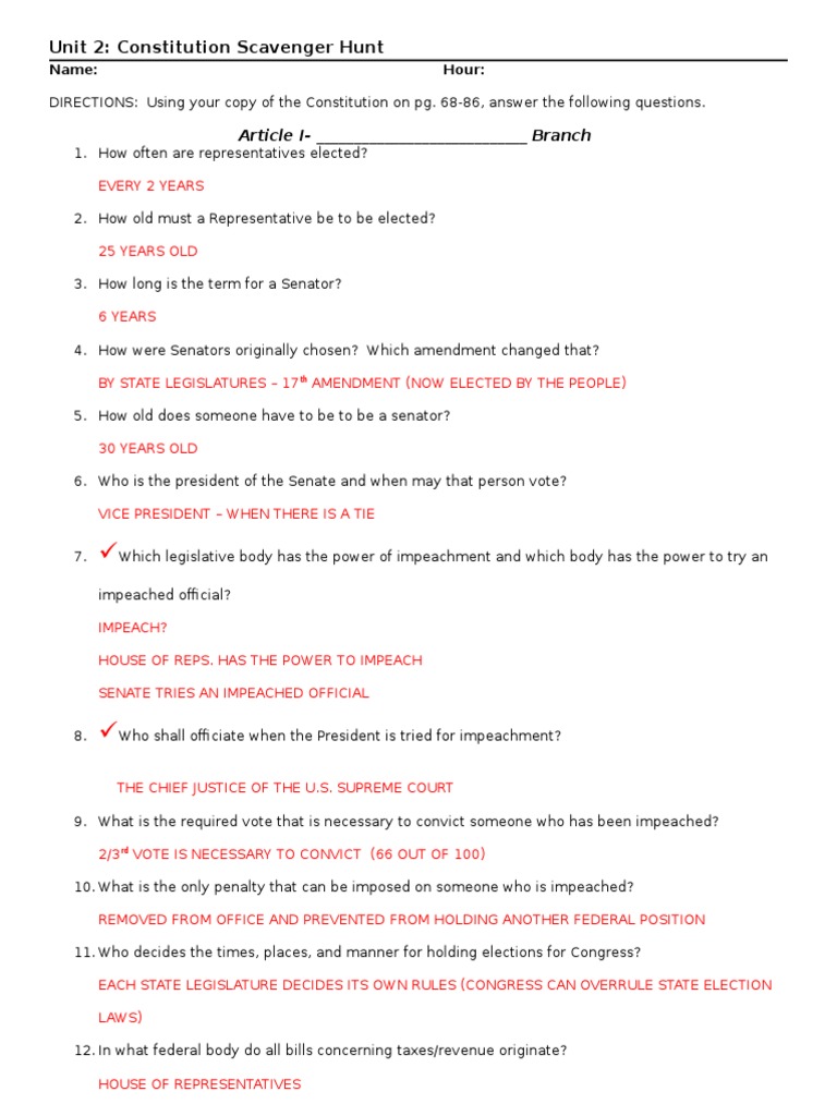 Constitution Scavenger Hunt Guide | PDF | Impeachment | Article One Of ...