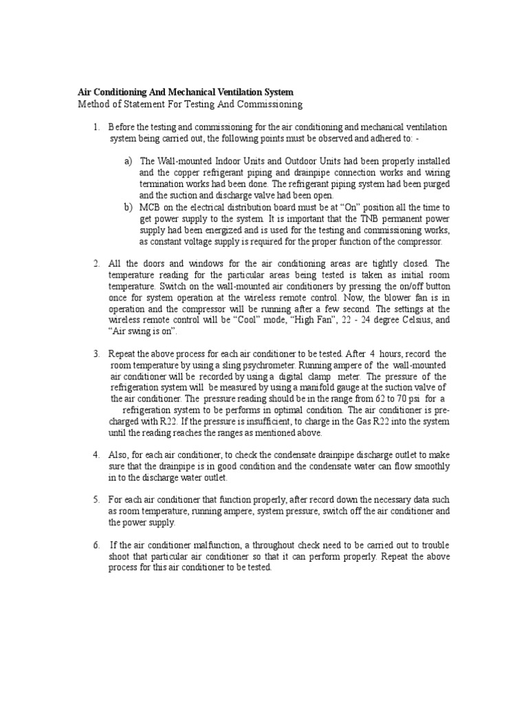 Method Of Statement Testing And Commissioning Pdf Air