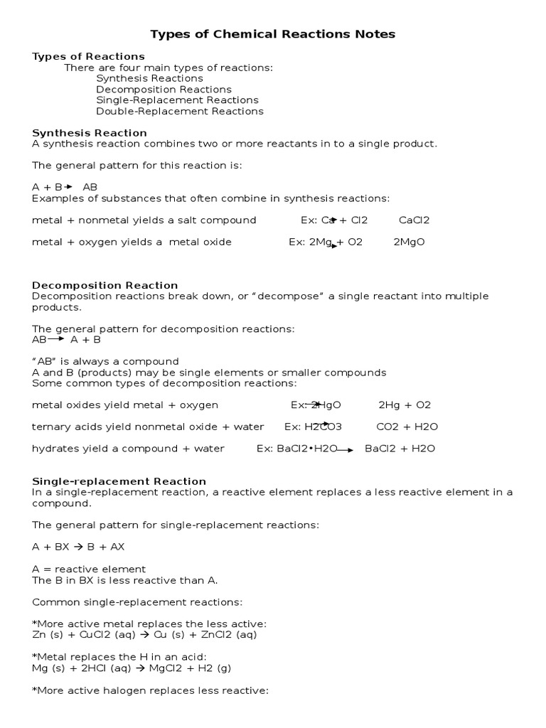 Types of Chemical Reactions Notes | Download Free PDF | Chemical ...
