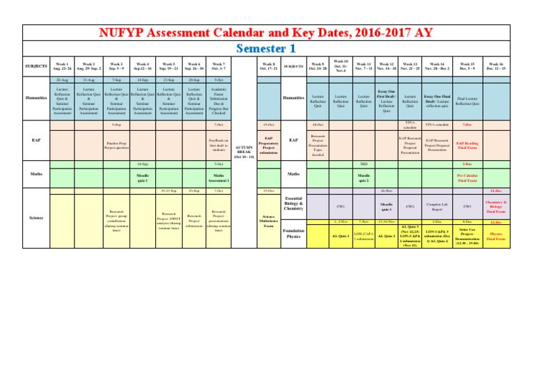 Assessment Calendar Semester 1 | PDF