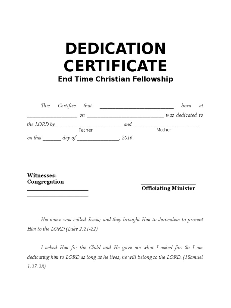 Dedication Certificate: End Time Christian Fellowship | PDF