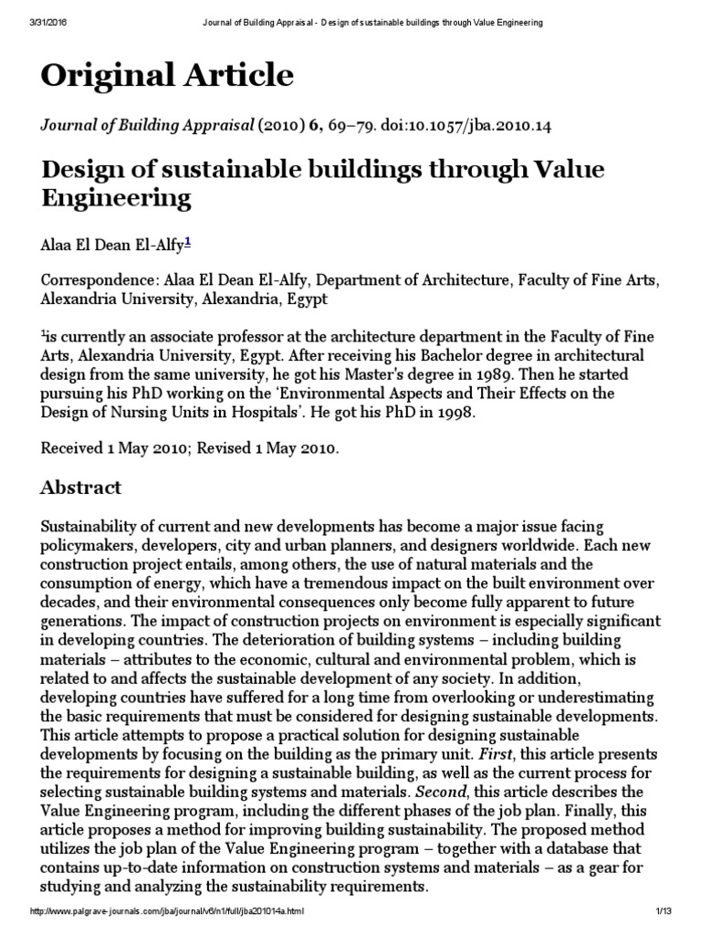 Journal of Building Appraisal - Design of Sustainable Buildings Through ...