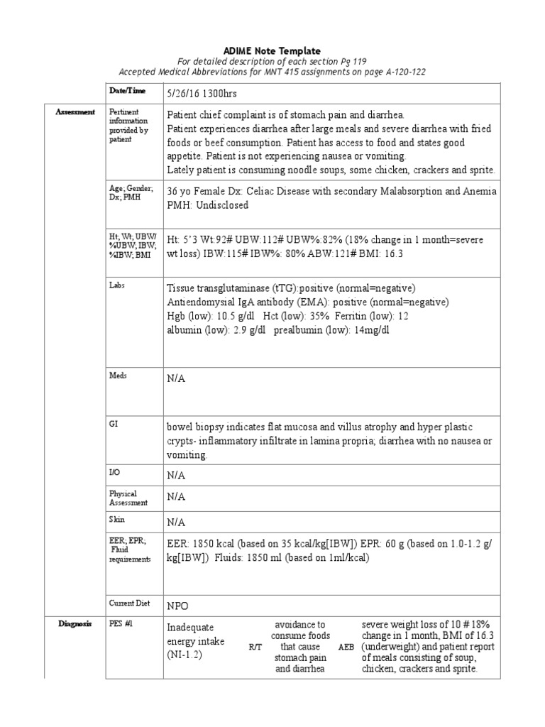 Adime Note Template For Lab Exercise-2 | PDF | Coeliac Disease | Gluten ...