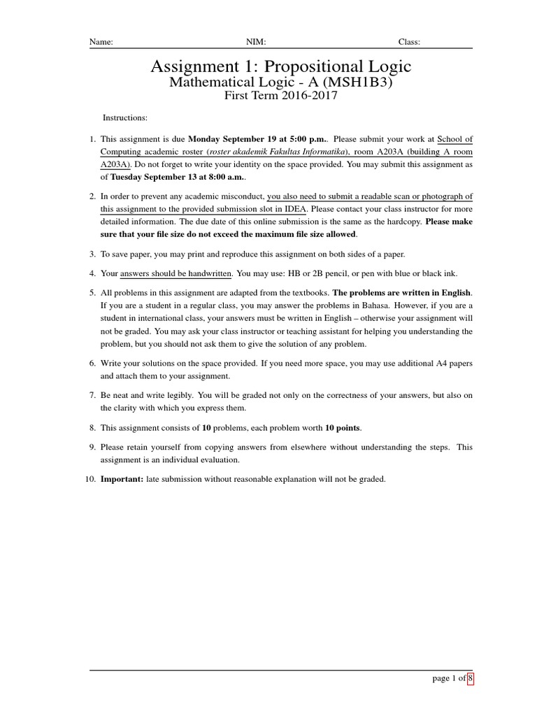 Assignment 1: Propositional Logic: Mathematical Logic - A (MSH1B3) | PDF | Logical Expressions ...